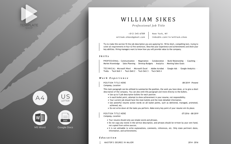 Modèle de CV professionnel William Sikes - TemplateMonster