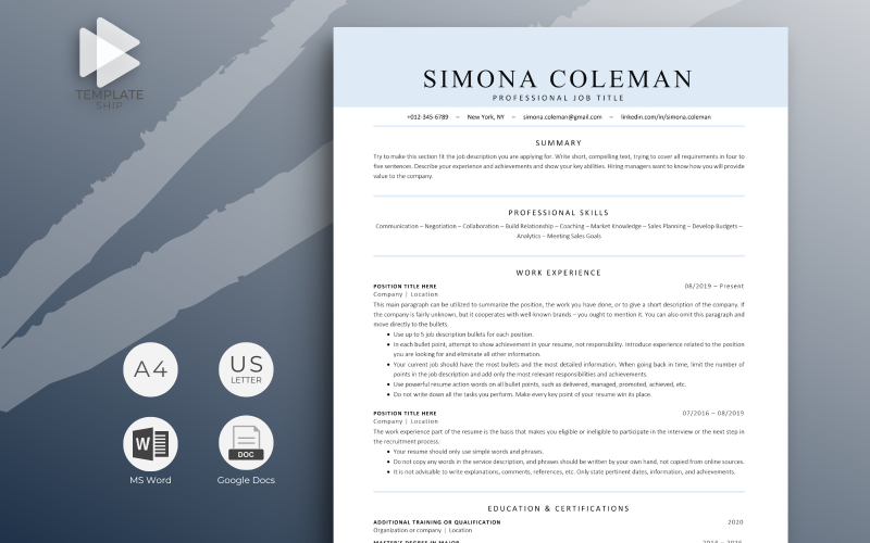 Professional Resume Template Simona Coleman - TemplateMonster