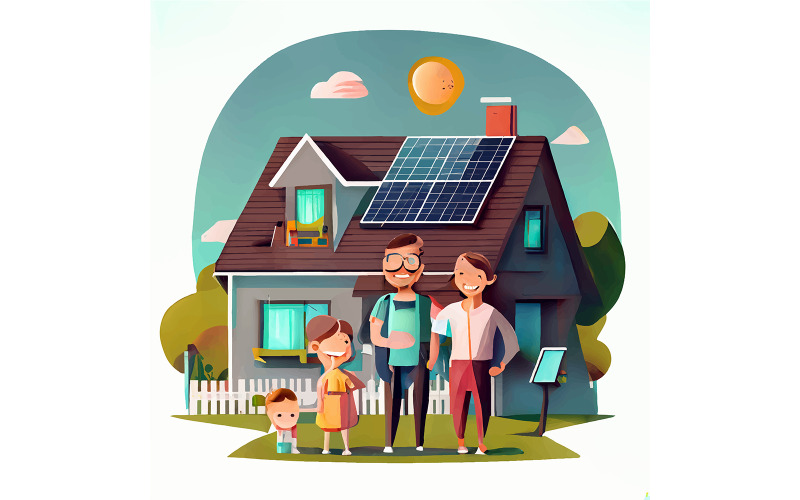 Create A Cartoon With A Family In Front Of A Home Vector