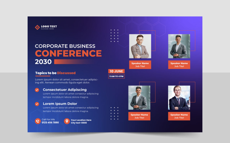 Conference event flyer template or horizontal live webinar invitation ...