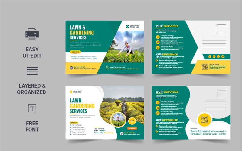 Modern Lawn Mower Garden or Landscaping Service Postcard design template