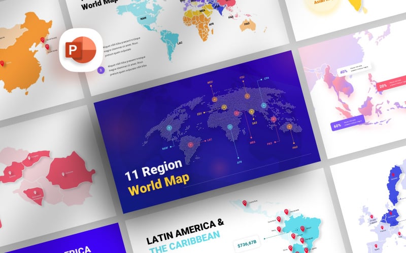 11 Regions World Map Presentation Template - TemplateMonster