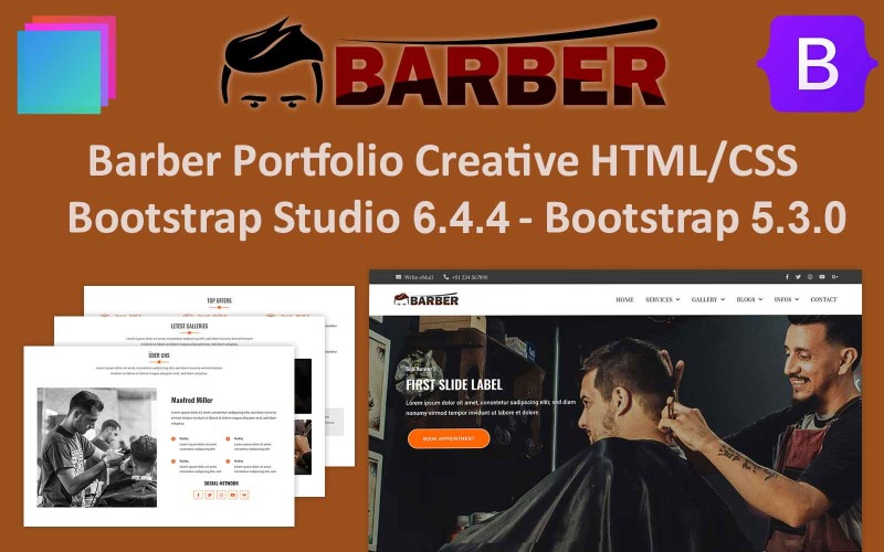 Portafolio de barbería: plantilla HTML/CSS con Bootstrap v5.3.3 + archivo de proyecto .bsdesign ...