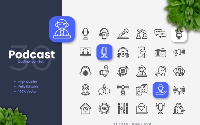 30 conjunto de iconos de esquema de podcast - TemplateMonster