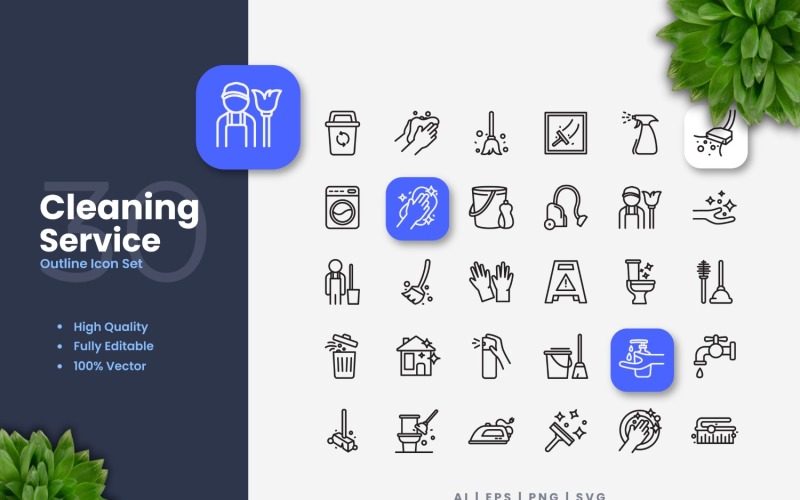 30 Cleaning Service Outline Icon Set - TemplateMonster