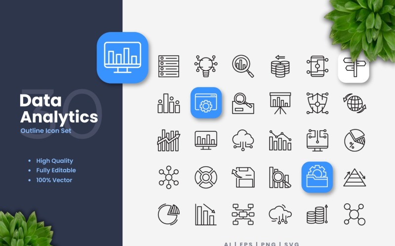 30 Data Analytics Outline Icon Set #350384 - TemplateMonster