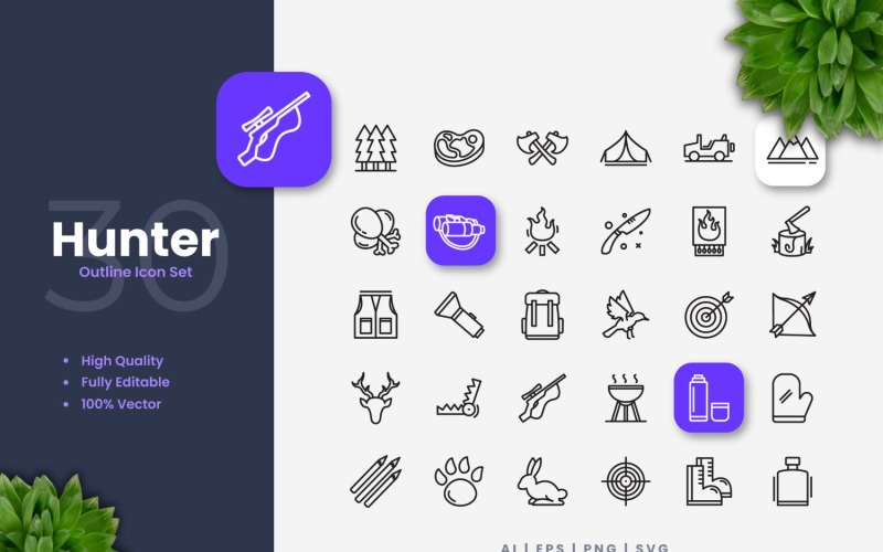 30 Hunter Outline Icon Set #350434 - TemplateMonster