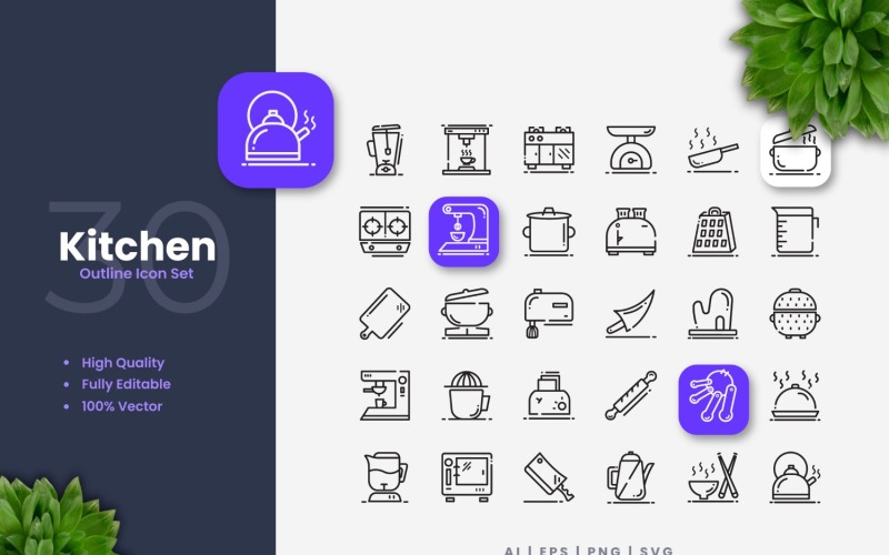30 Kitchen Outline Icon Set #351085 - TemplateMonster