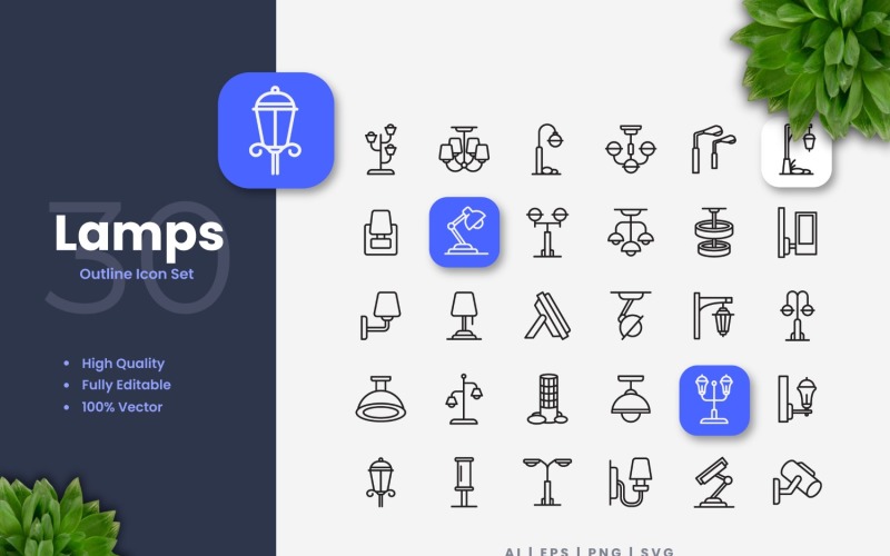 30 Lamps Outline Icon Set #351086 - TemplateMonster