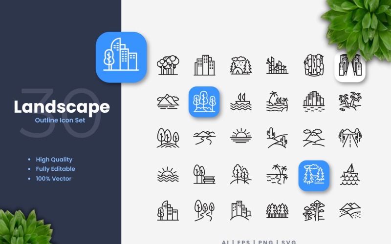 30 Landscape Outline Icon Set #351087 - TemplateMonster
