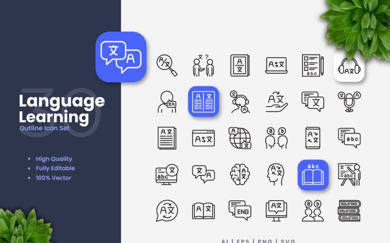 30 Language Learning Outline Icon Set - TemplateMonster