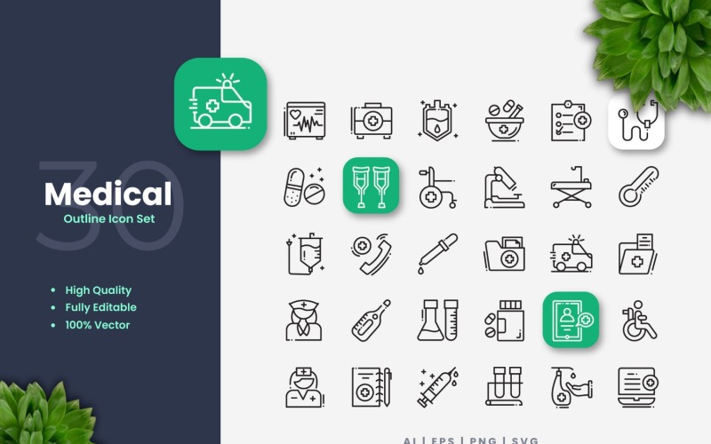 30 Medical Outline Icon Set #351098 - TemplateMonster