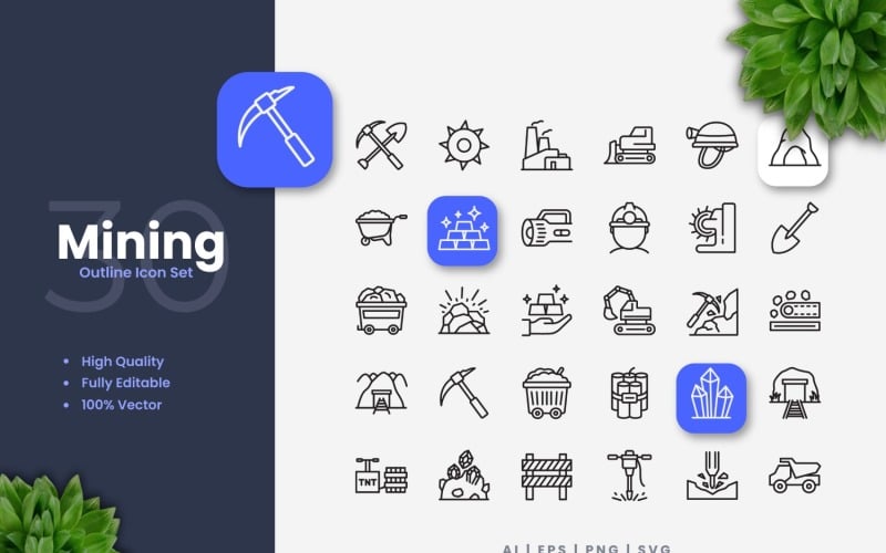 30 Mining Outline Icon Set #351103 - TemplateMonster