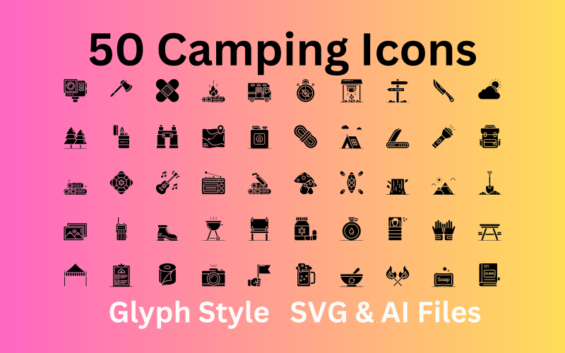 Camping Icon Set 50 Glyph Icons - SVG And AI File