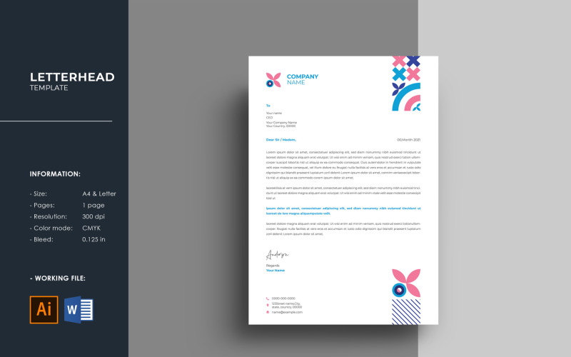 Modèle de conception de papier à en-tête. Illustrateur et Word
