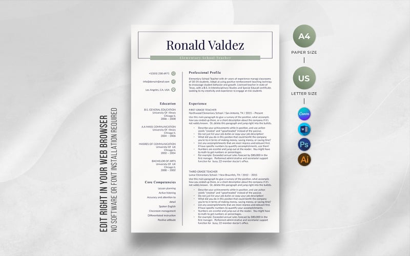 Ronald Valdez Elementery School Teacher Resume Template