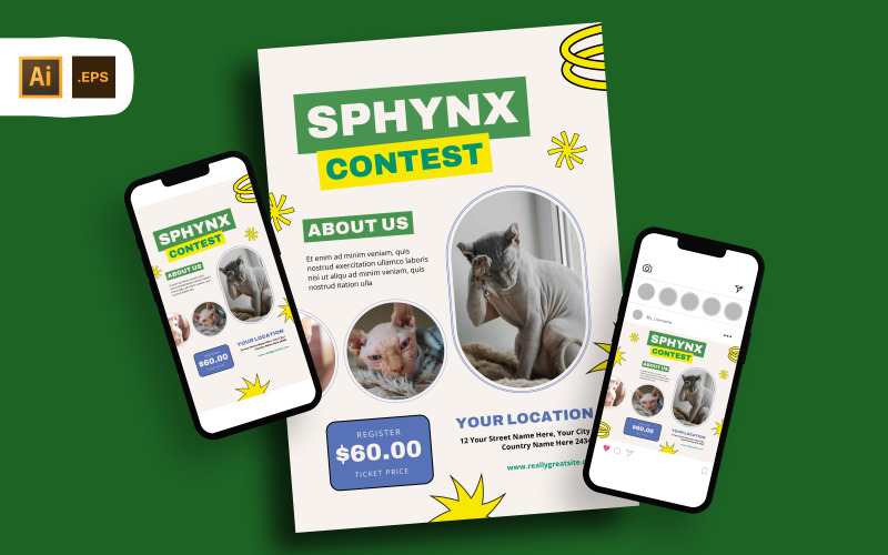 Modèle de flyer de concours de chat Sphynx - TemplateMonster