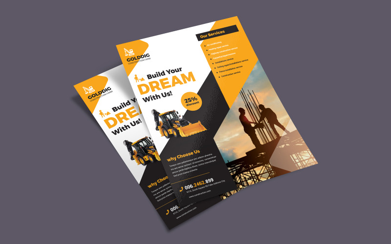 Modèle de Flyer de construction jaune - TemplateMonster