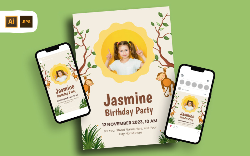 Cute Monkey Birthday Party Invitation Flyer Template