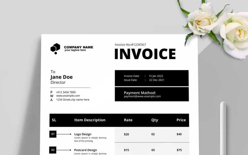 Black & white Invoice Template Layout - TemplateMonster