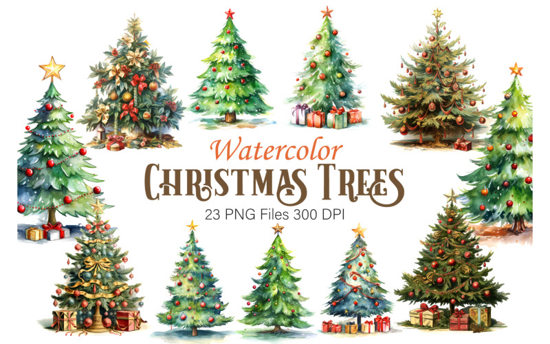 Watercolor Christmas Trees. Clipart Bundle. - TemplateMonster