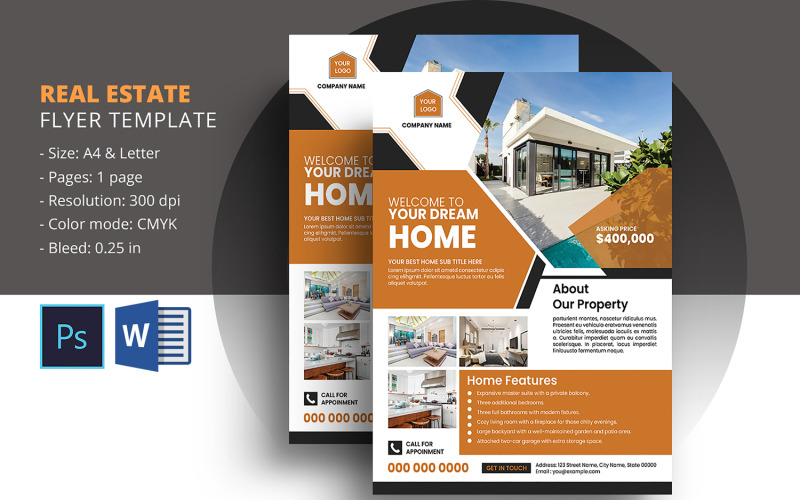 Modello di volantino per agenzia immobiliare. Modello MS Word e Photoshop