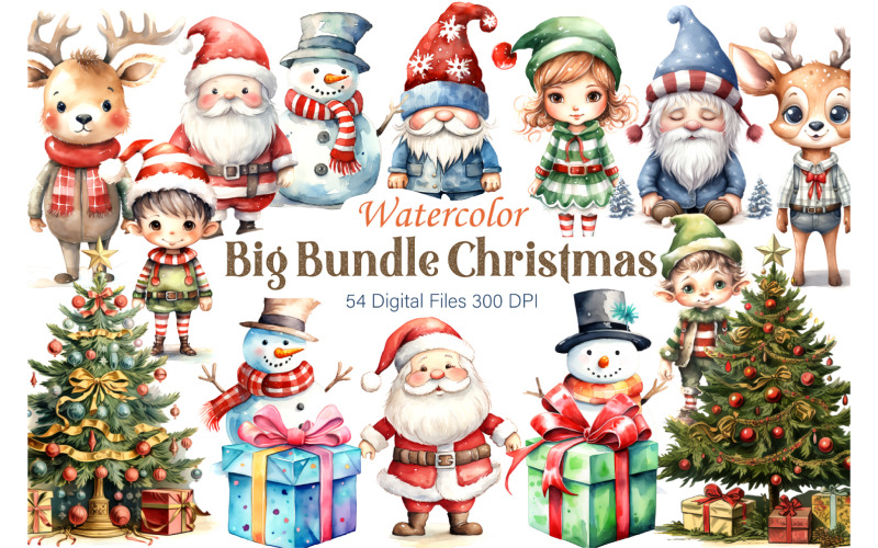 Watercolor Christmas Elves. Clipart Bundle. - TemplateMonster