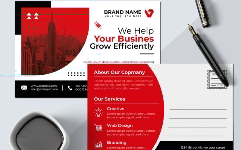 Postcard Layout with Red Color Accents - TemplateMonster