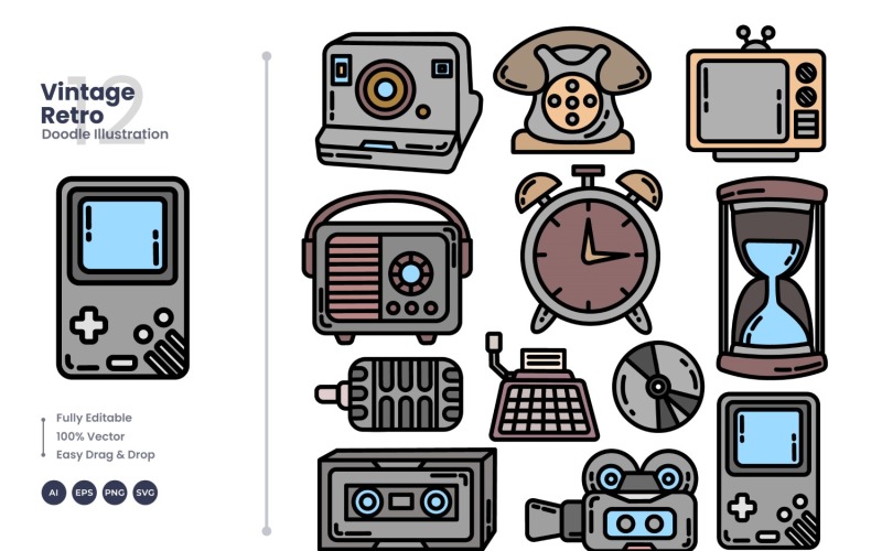 Vintage Retro Illustration Doodle Set - TemplateMonster