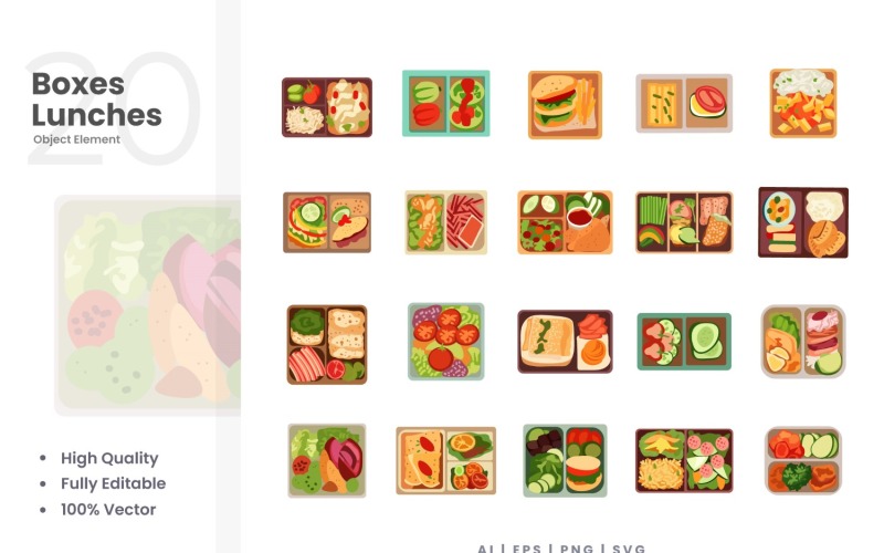 20 Boxed Lunches Vector Element Set #378461 - TemplateMonster