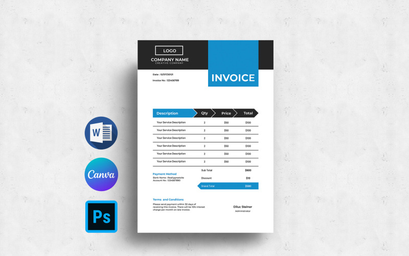 Modèle de facture Photoshop, Canva et Word polyvalent