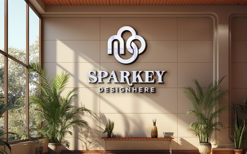 Indoor office room wall logo mockup with window sunrise, 3d indoor wall ...