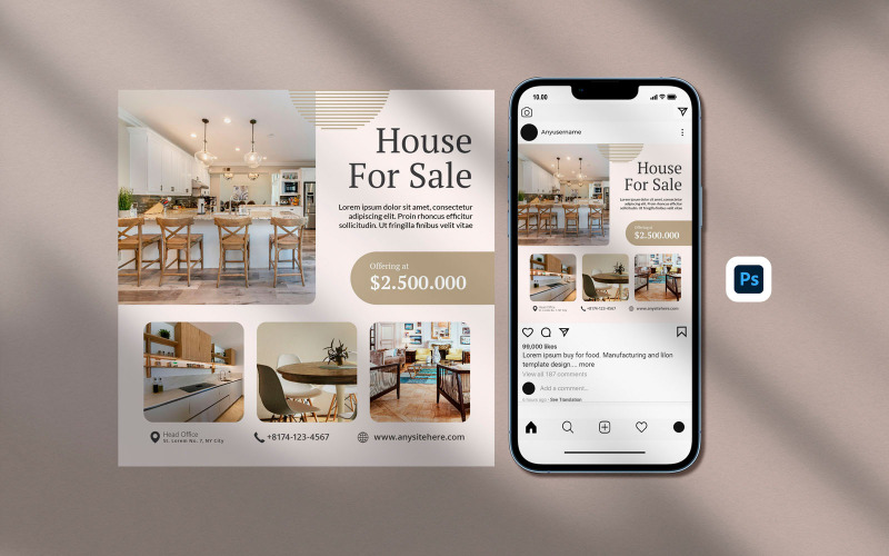 Clean Elegant House For Sale Instagram Post - TemplateMonster