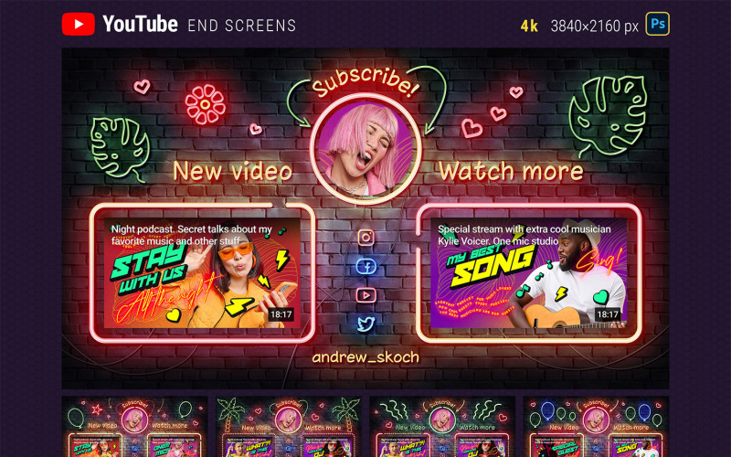 5 Neon YouTube End Screens #395896 - TemplateMonster