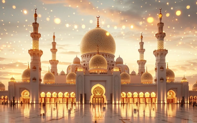 Ramadan greeting banner Golden mosque minar and bokeh Background