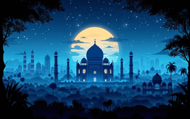 Design de banner de cartão Ramadan Kareem com lua e mesquita 07