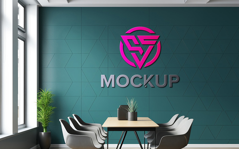 Red logo mockup on office meeting room wall realistic 3d