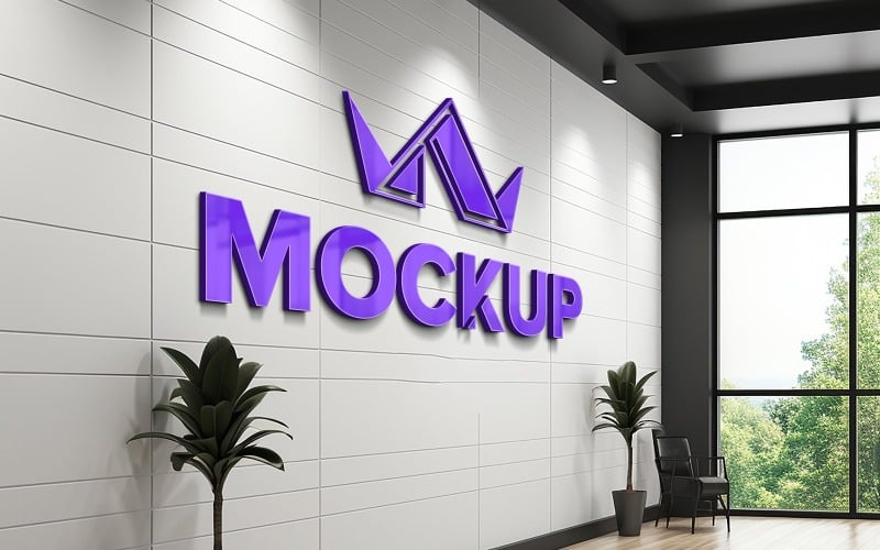 White wall indoor 3d purple logo mockup - TemplateMonster