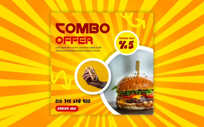 Delicious Fast-food combo offer ad banner design EPS template.