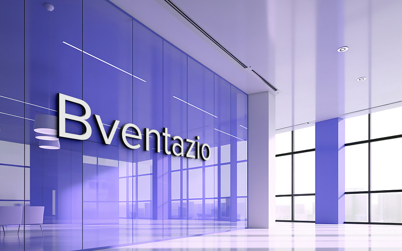 Blue glass wall psd logo mockup Office glass wall logo