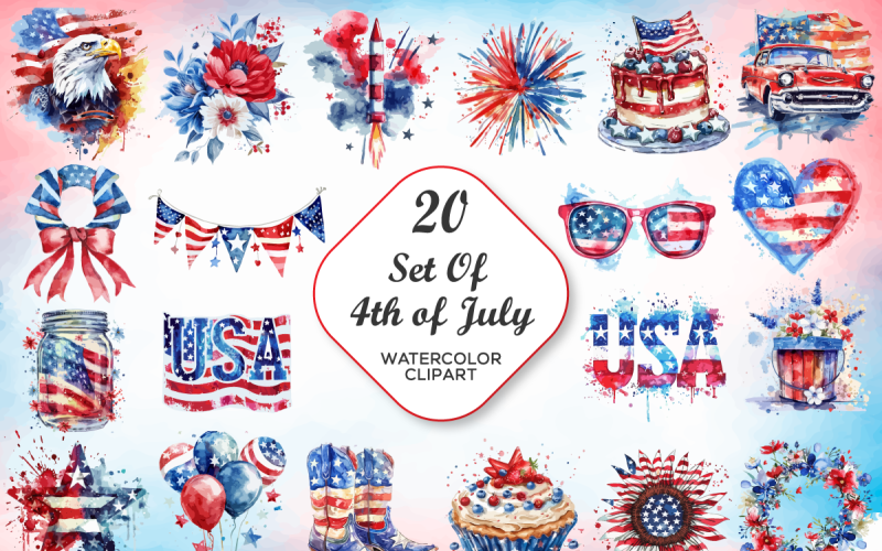4th of July Watercolor Clipart Bundle - TemplateMonster