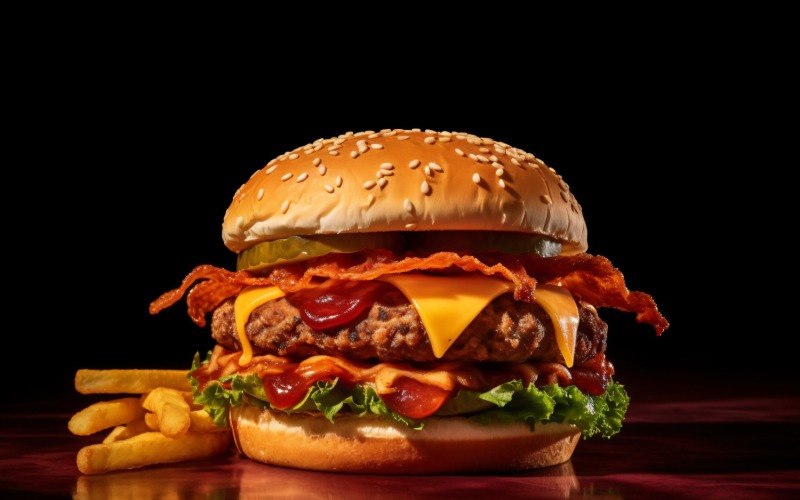 Hamburger chaud, burger au bacon avec galette de bœuf et chips de pomme ...