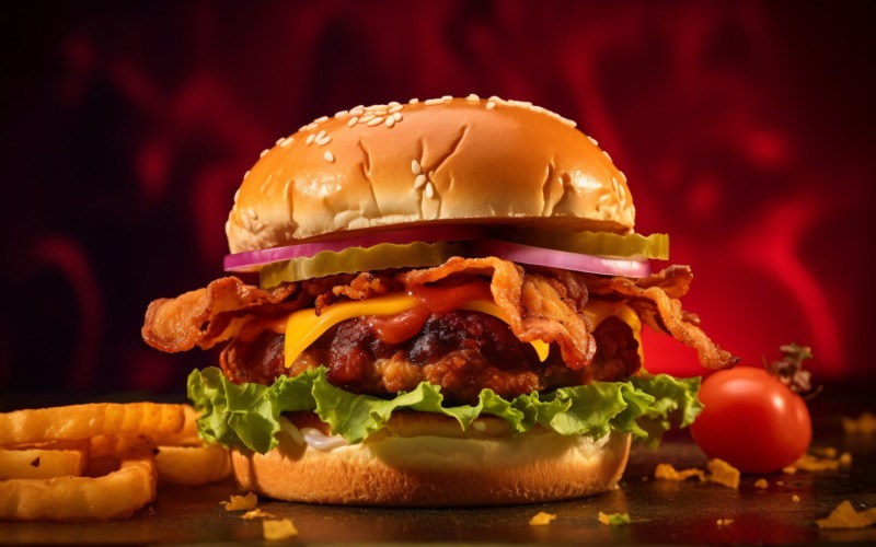 Hot hamburger, Bacon burger with beef patty and potato chips 102