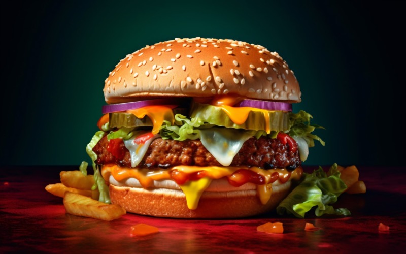 Tasty grilled beef burger with potato chips 123