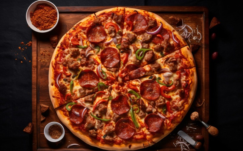 Pizza de pepperoni realista Flatlay con queso mozzarella 69