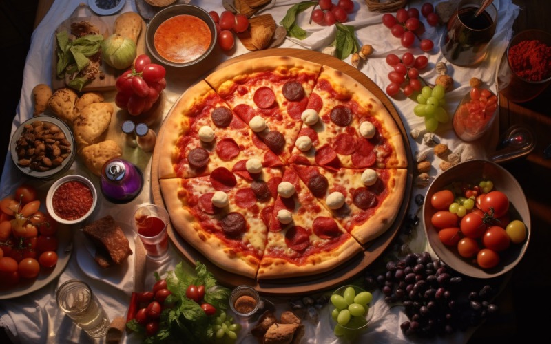 Pizza de pepperoni realista Flatlay con queso mozzarella 77