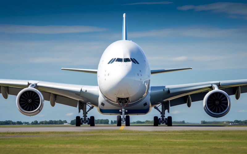 Full wings front view of a Airbus, airline landing on runway 140