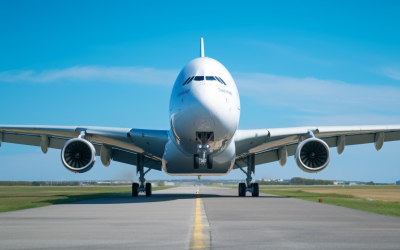Full wings front view of a Airbus, airline landing on runway 141