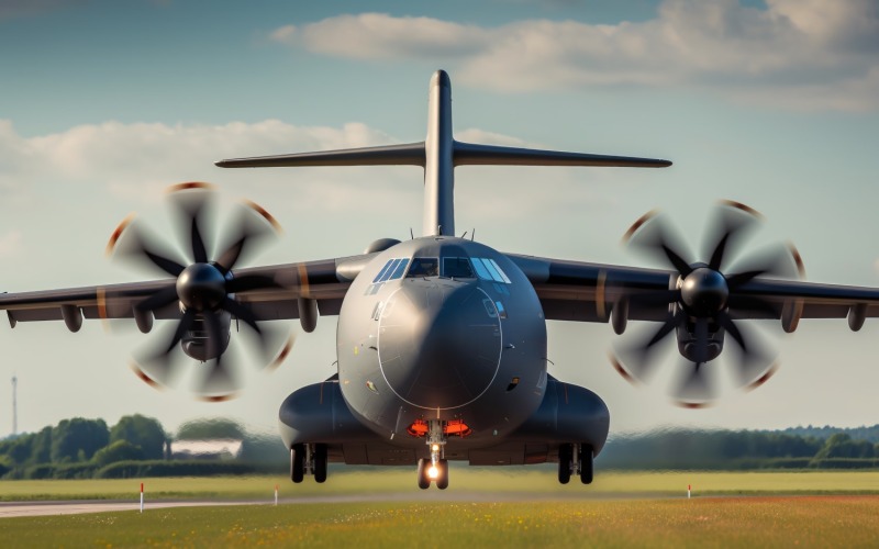 Ett blått flygplan lyfter från en flygplatsbana 244