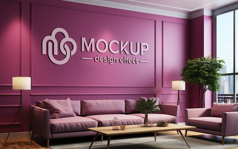 Realistic perspective wall logo mockup office waiting romm psd